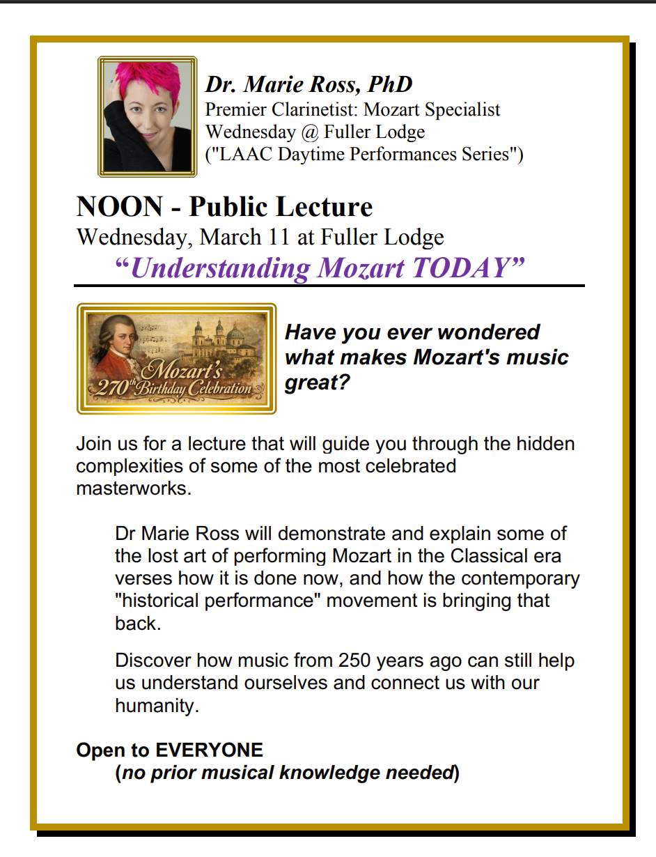 Dr. Marie Ross To Discuss And Perform Mozart During Two Events (Noon ...
